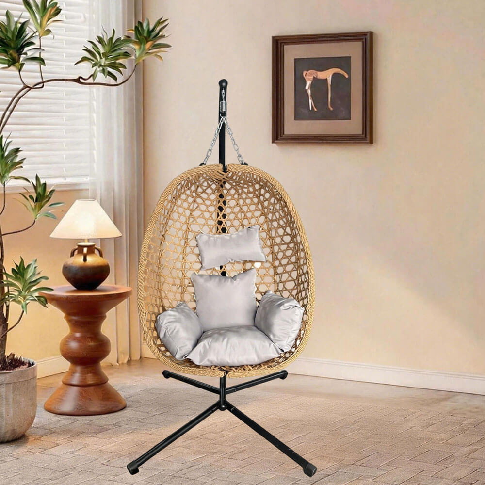Foldable Rattan Hanging Egg Chair with Stand – 150kg Heavy Duty